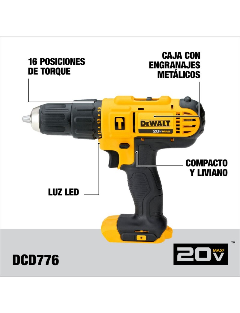 Taladro/Atornillador Percutor 20V 1/2 pulg DCD776C2-B3 Dewalt | Bravo ...